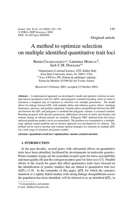 pdf a method to optimize selection on multiple identified quantitative trait loci