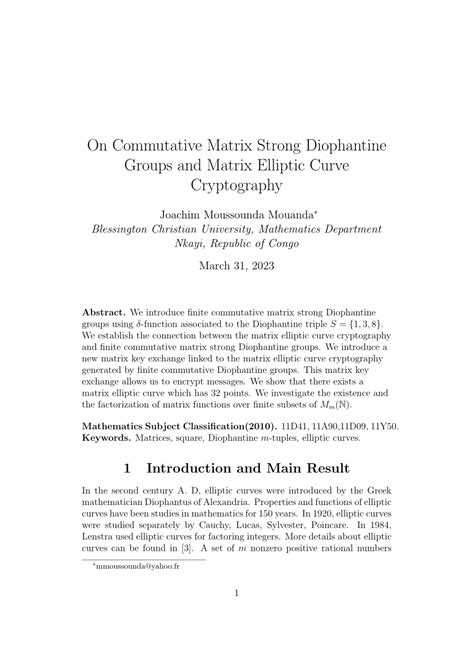 pdf on commutative matrix strong diophantine groups and matrix elliptic curve cryptography