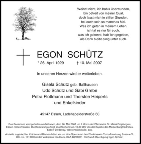 Traueranzeigen von Egon Schütz Trauer in NRW de