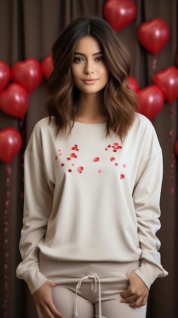 Portrait Of An Attractive Woman Model Wearing Hoodie And Trouser Posing For Valentines