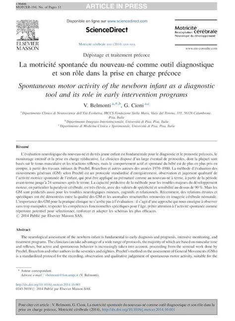 Pdf La Motricit Spontan E Du Nouveau N Comme Outil Diagnostique Et