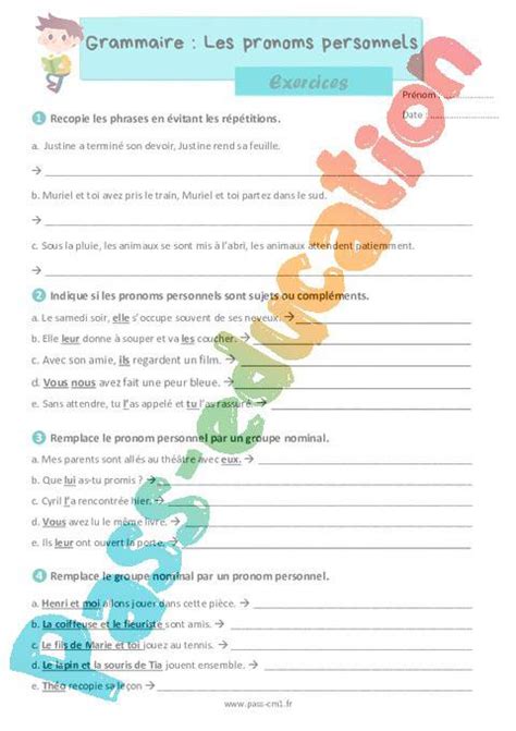 Les Pronoms Personnels Exercices De Grammaire Pour Le Cm Pdf