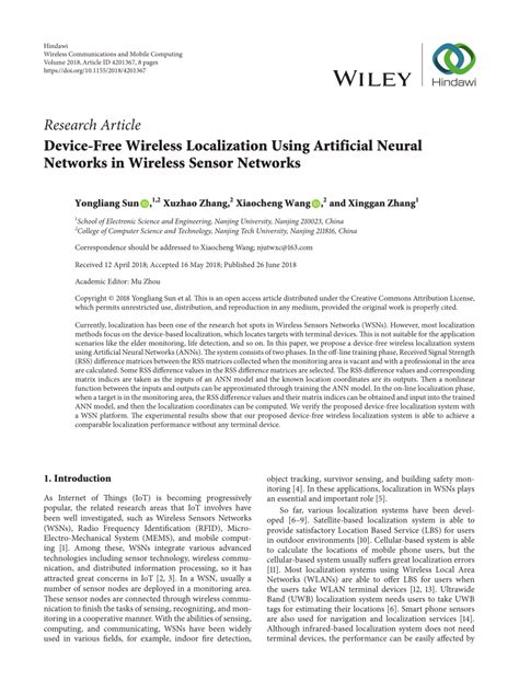 pdf device free wireless localization using artificial neural networks in wireless sensor networks