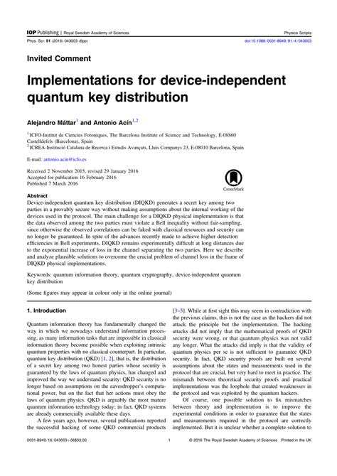 implementations for device independent quantum key distribution request pdf