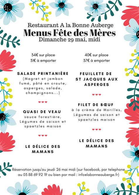 MENUS FÊTES DES MERES 29 MAI 2022 A La Bonne Auberge