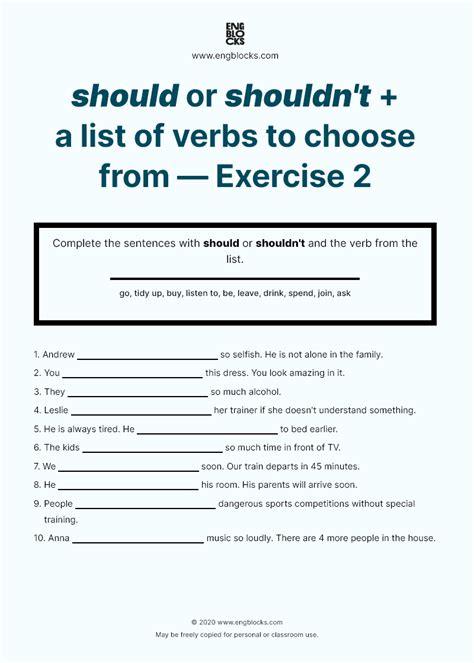 Should Or Shouldnt Worksheet Modal Verbs Verb English Grammar