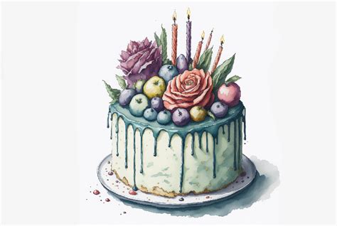 Watercolor Birthday Cake With Flowers Graphic By Ane Creative Fabrica
