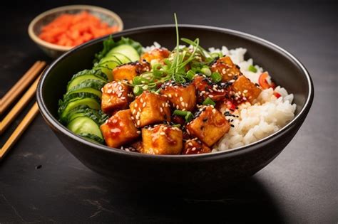 Premium Photo Tofu Poke Bowl With Marinated Tofu And Sushi Rice