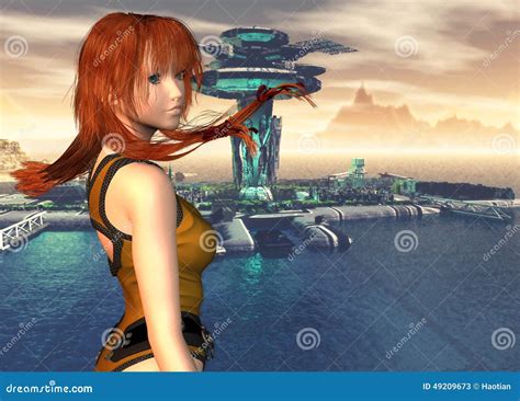 Heroína Contra Un Muelle Futurista Stock de ilustración Ilustración