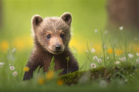 Baby Bear In Spring Green Grass With Flowers Generative AI Stock
