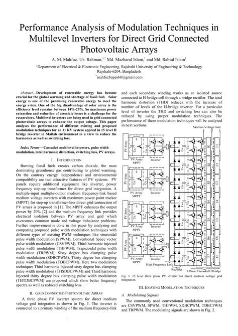 pdf performance analysis of modulation techniques in multilevel inverters for direct grid