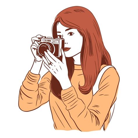 Premium Vector Woman Taking Photo With Vintage Camera In Sketch Style