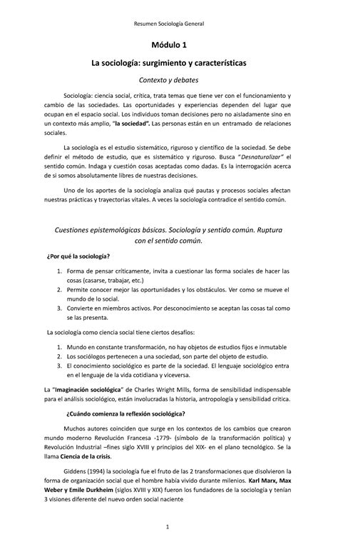 Resumen Sociologia pdf Resumen Sociología General 1 Módulo 1 La