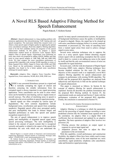 pdf a novel rls based adaptive filtering method for speech enhancement