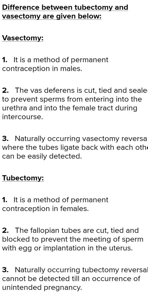 List Any Five Differences Between Tubectomy And Vasectomy Brainly In