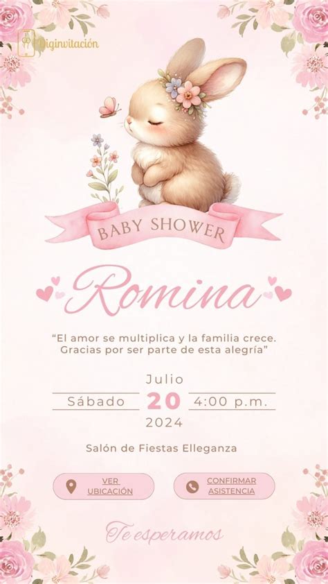 Invitación interactiva Baby shower niña Conejita rosa floral