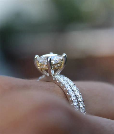 Hidden Halo Engagement Ring 14k Two Tone Gold Moissanite Diamond Deer