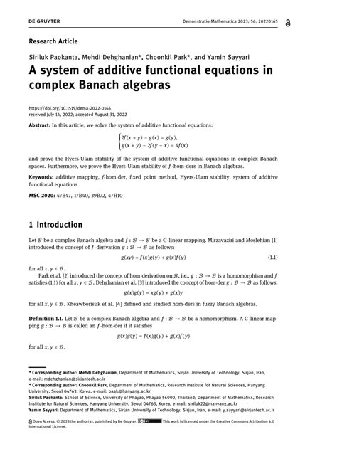 pdf a system of additive functional equations in complex banach algebras