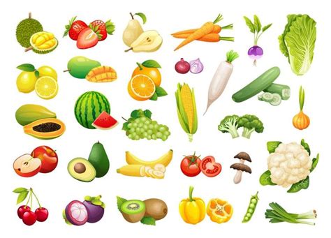 colección de frutas y verduras frescas en estilo de dibujos animados