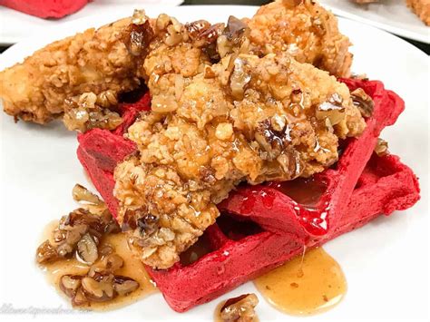 Spicy Buttermilk Fried Chicken And Red Velvet Waffles With Spicy Butter