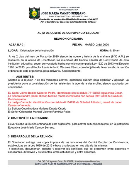 ACTA DE CONVIVENCIA E Inicial 2020