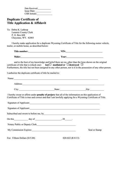 Fillable Duplicate Certificate Of Title Application Affidavit Form