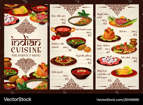 Indian Cuisine Menu Asian Restaurant Food Price Vector Image