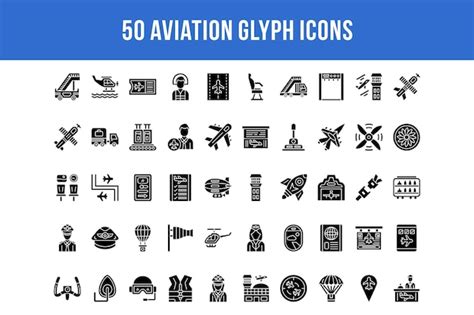 50 iconos de glifos de aviación Vector Premium