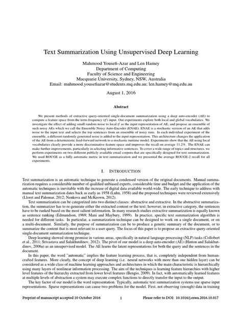 text summarization using unsupervised deep learning pdf deep learning artificial neural