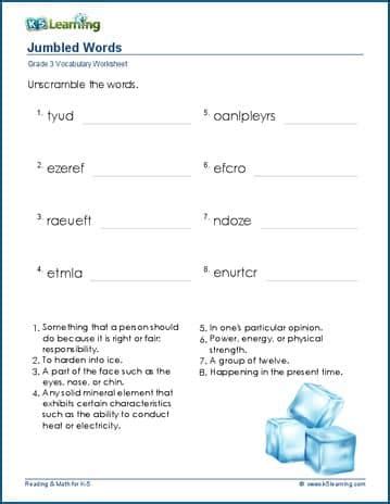 Grade 3 Vocabulary Worksheet Unscramble The Jumbled Words K5 Learning