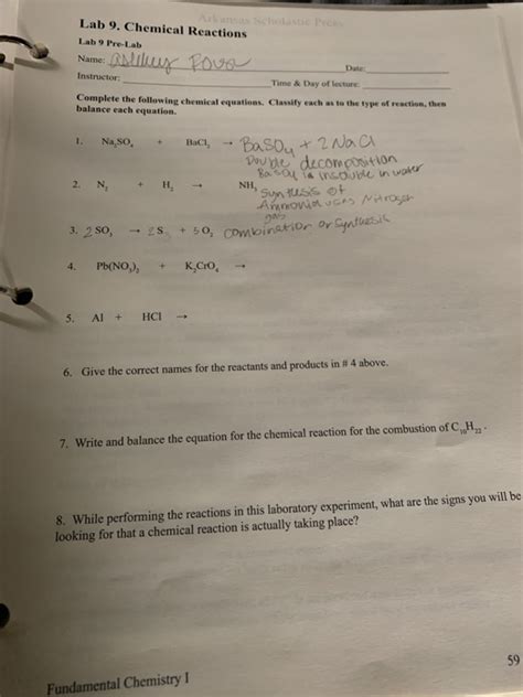 solved lab 9 chemical reactions lab 9 pre lab name aulas