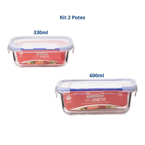 Kit 2 Potes De Vidro Hermeticos Marmita 600ml E 330ml Porta Alimentos