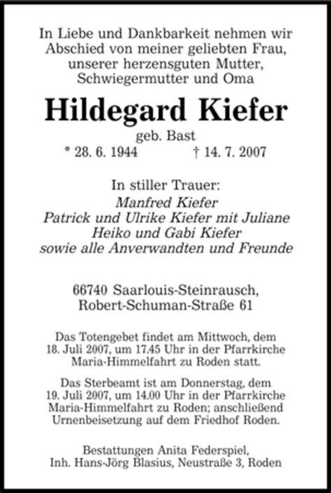 Traueranzeigen Von Hildegard Kiefer Saarbruecker Zeitung Trauer De