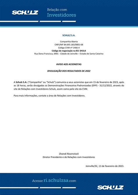 Aviso Aos Acionistas On Twitter SCHULZ S A