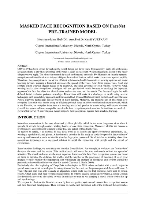 pdf masked face recognition based on facenet pre trained model