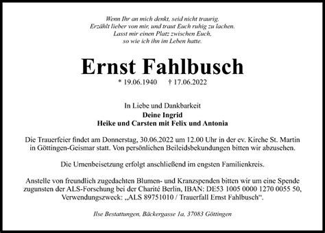 Traueranzeigen Von Ernst Fahlbusch Trauer Anzeigen De