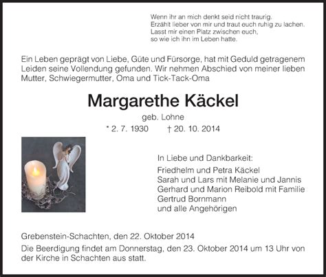 Traueranzeigen von Margarethe Käckel Trauer HNA de