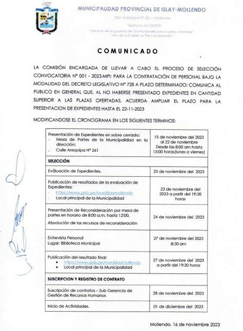 Comunicado de la Convocatoria Nº 001 2023 MPI D L Nº 728 Campañas