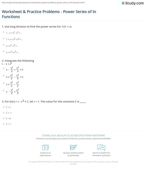 worksheet and practice problems power series of ln functions