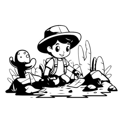 El lindo explorador de dibujos animados con mapa y cactus Ilustración