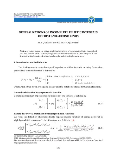 pdf generalizations of incomplete elliptic integrals of first and second kinds kaleem