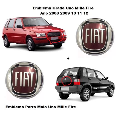 Kit Emblemas Uno Mille Fire Economy Logo Grade Mala Fiat Vermelho