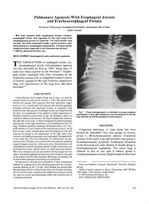 Pdf Pulmonary Agenesis With Esophageal Atresia And Tracheoesophageal