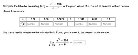 solved complete the table by evaluating f x x−6x3−216 at