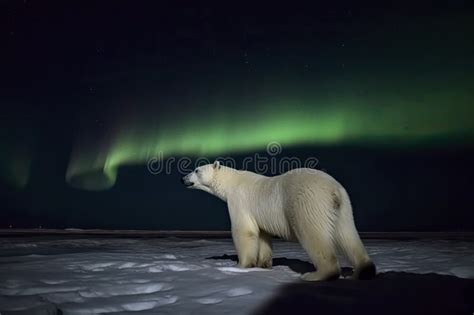Polar Bear With Northern Lights Aurora Borealis Night Image With