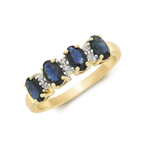 9ct Yellow Gold 4 Stone Oval Sapphire And Round Brilliant Cut Diamond