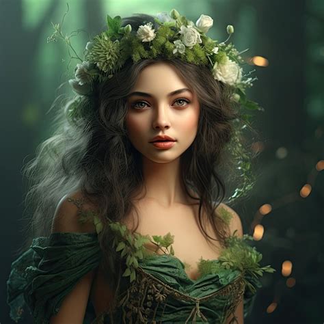 Premium AI Image A Woman Wearing A Green Dress And A Flower Crown