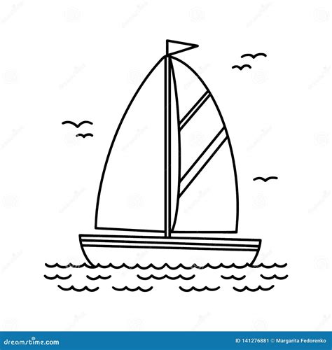 Sailing Yacht Black And White Cartoon Square Icon Drawing Boat With