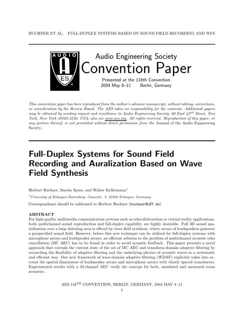 pdf full duplex systems for sound field recording and auralization based on wave field synthesis
