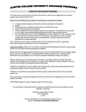 Fillable Online Hunter Cuny CHECKLIST FOR EXCHANGE PROGRAMS Hunter